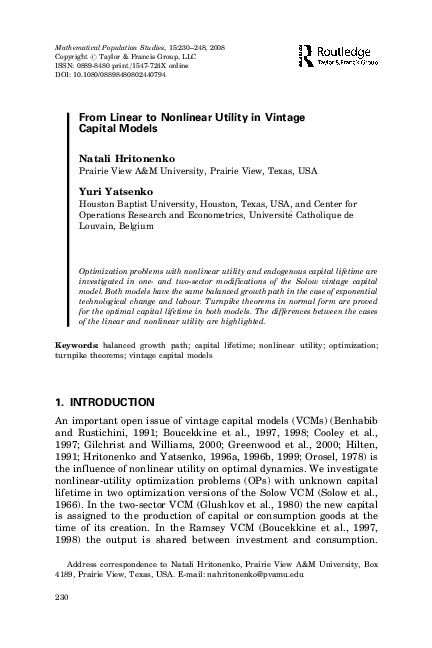 (PDF) From Linear to Nonlinear Utility in Vintage Capital Models