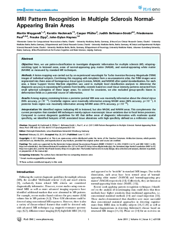 (PDF) MRI Pattern Recognition in Multiple Sclerosis Normal-Appearing Brain Areas