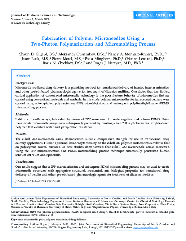 (PDF) Fabrication of Polymer Microneedles Using a Two-Photon Polymerization and Micromolding Process
