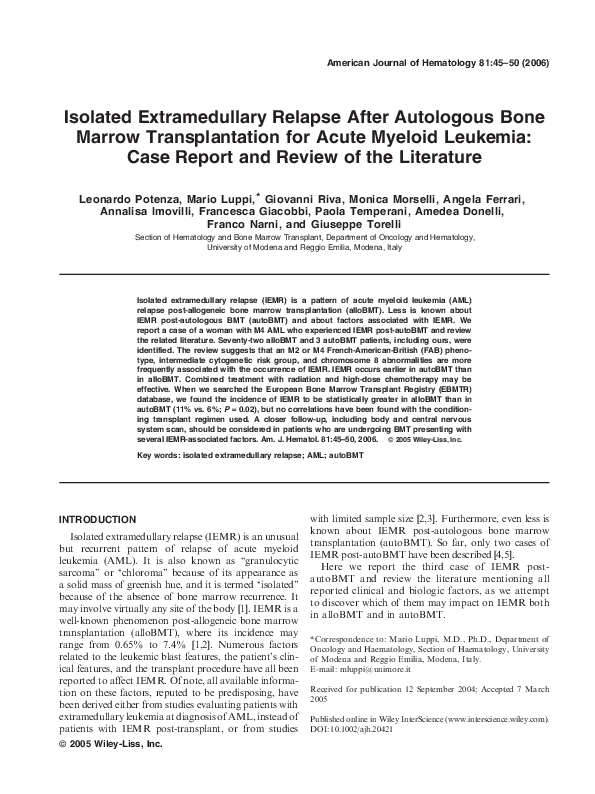(PDF) Isolated extramedullary relapse after autologous bone marrow transplantation for acute ...