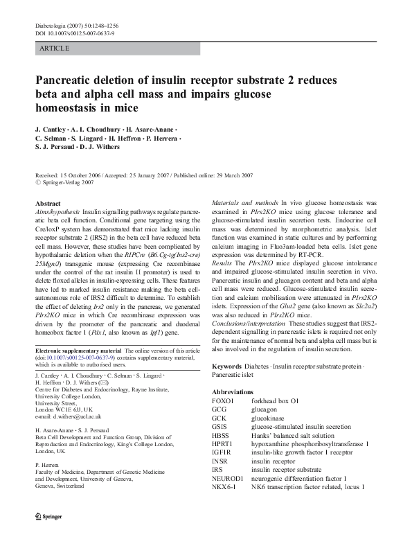 (PDF) Pancreatic deletion of insulin receptor substrate 2 reduces beta and alpha cell mass and ...