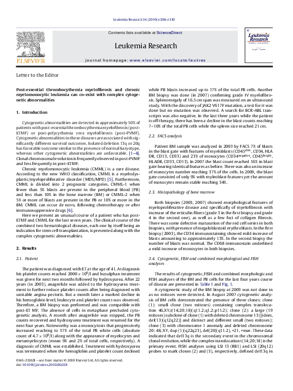 (PDF) Post-essential thrombocythemia myelofibrosis and chronic myelomonocytic leukemia can co ...