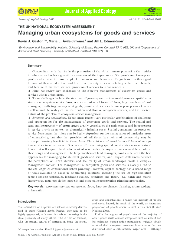 (PDF) REVIEW: Managing urban ecosystems for goods and services