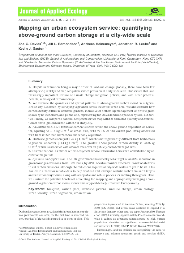 Pdf Mapping An Urban Ecosystem Service Quantifying Above Ground