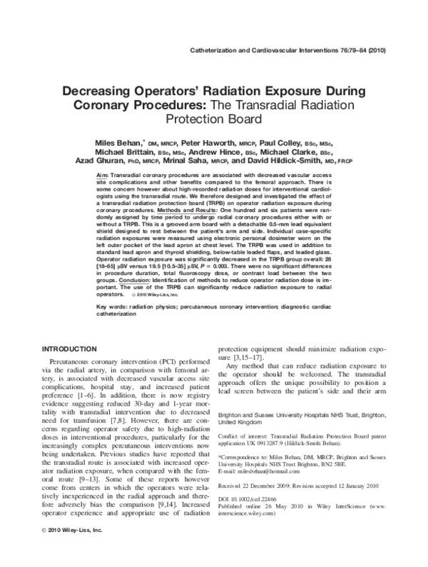 (PDF) Decreasing operators' radiation exposure during coronary procedures