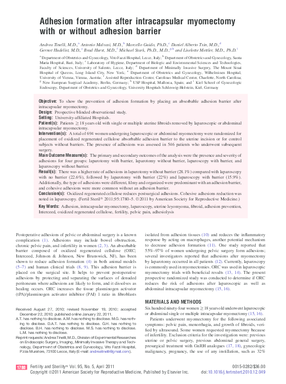 (PDF) Adhesion formation after intracapsular myomectomy with or without ...