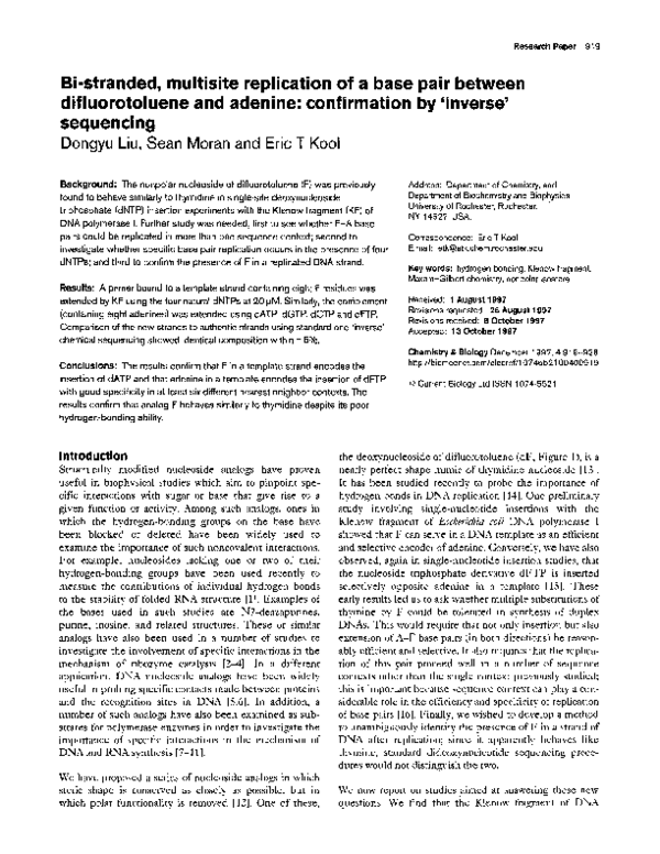 Pdf Bi Stranded Multisite Replication Of A Base Pair Between Difluorotoluene And Adenine