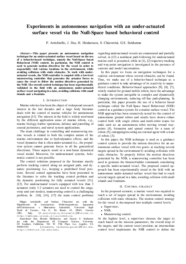 (PDF) Experiments in autonomous navigation with an under-actuated surface vessel via the Null ...