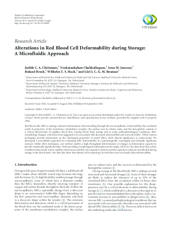 (PDF) Alterations in Red Blood Cell Deformability during Storage: A Microfluidic Approach