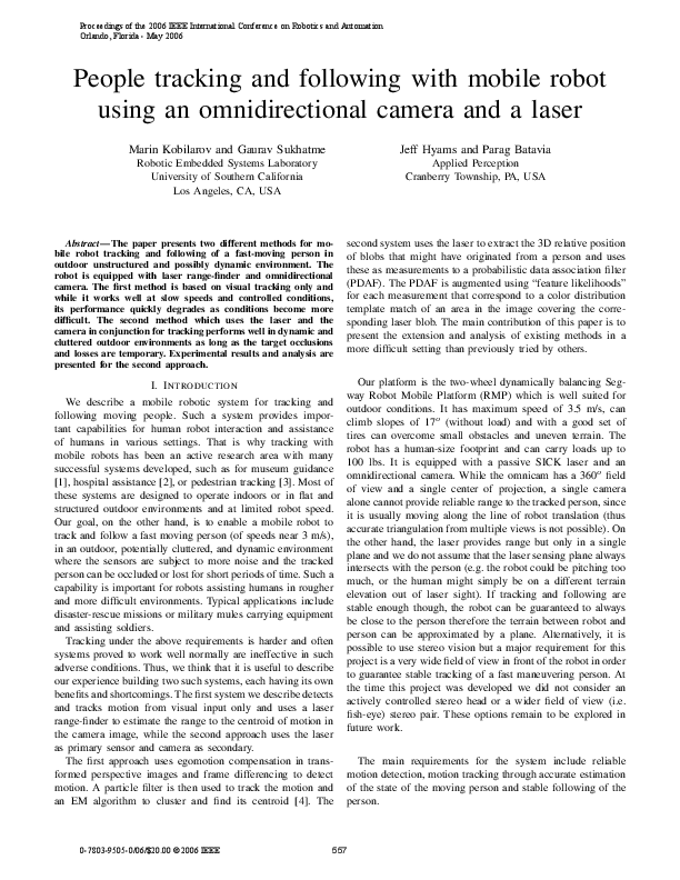 Pdf People Tracking And Following With Mobile Robot Using An Omnidirectional Camera And A Laser