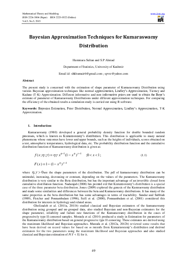 Bayesian Approximation Techniques For Kumaraswamy Distribution