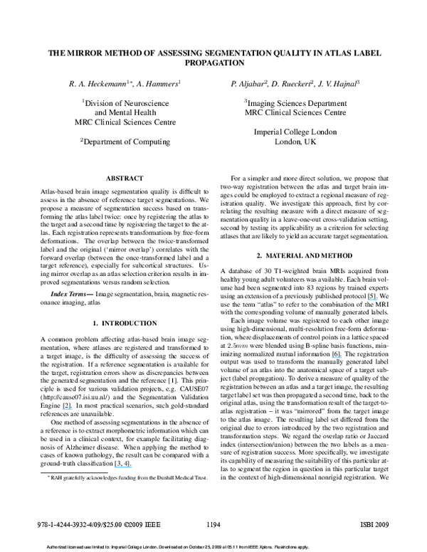Pdf The Mirror Method Of Assessing Segmentation Quality In Atlas