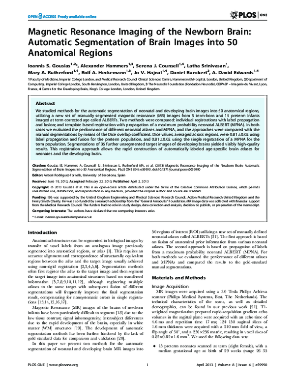(PDF) Magnetic Resonance Imaging of the Newborn Brain: Automatic Segmentation of Brain Images ...
