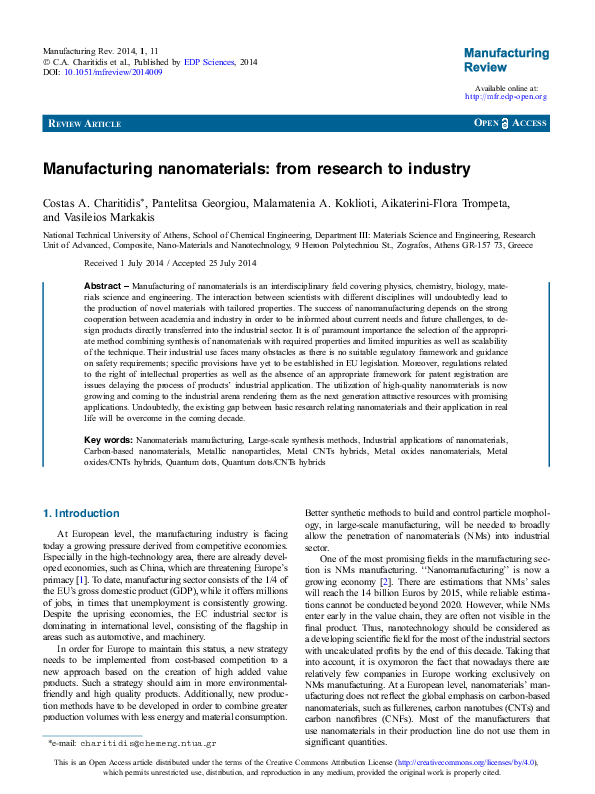 (PDF) Manufacturing nanomaterials: from research to industry
