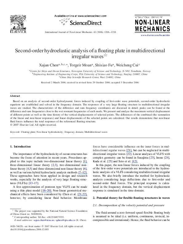 Pdf Second Order Hydroelastic Analysis Of A Floating Plate In Multidirectional Irregular Waves