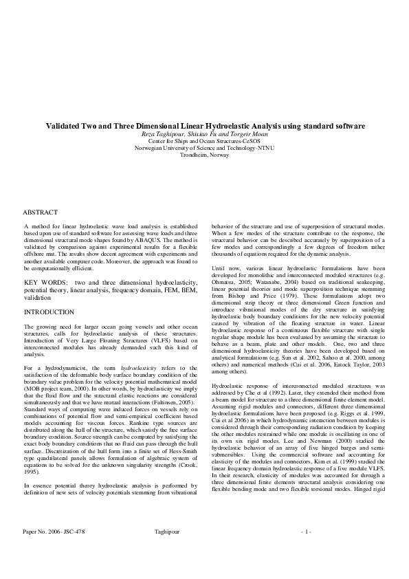 Pdf Validated Two And Three Dimensional Linear Hydroelastic Analysis Using Standard Software