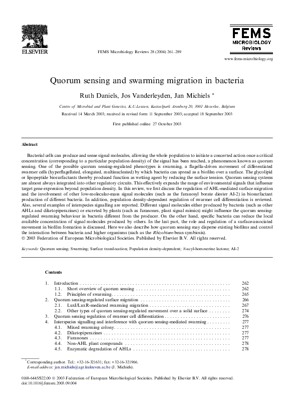 (PDF) Quorum sensing and swarming migration in bacteria