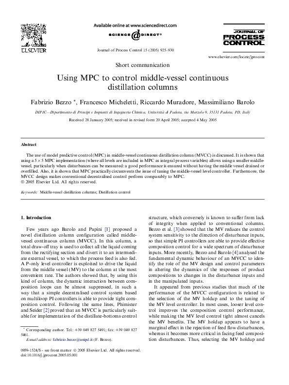 Pdf Using Mpc To Control Middle Vessel Continuous Distillation Columns