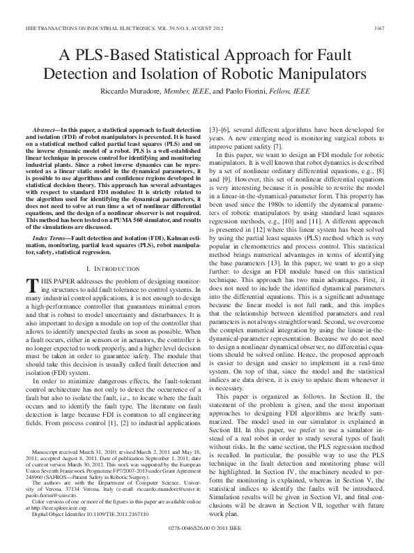 Pdf A Pls Based Statistical Approach For Fault Detection And Isolation Of Robotic Manipulators