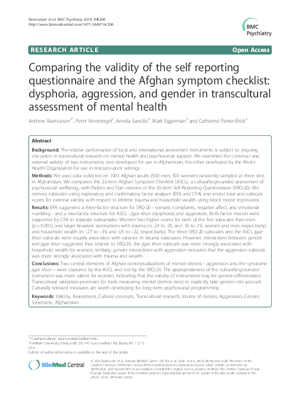 (PDF) Comparing the validity of the self reporting questionnaire and the Afghan symptom ...