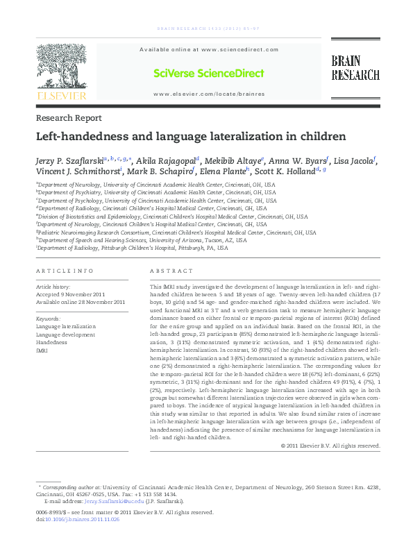 (PDF) Left-handedness and language lateralization in children