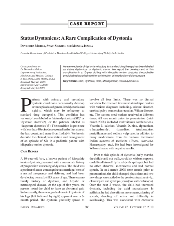 (PDF) Status dystonicus: A rare complication of dystonia