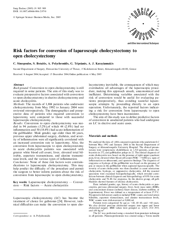 (PDF) Risk factors for conversion of laparoscopic cholecystectomy to open cholecystectomy