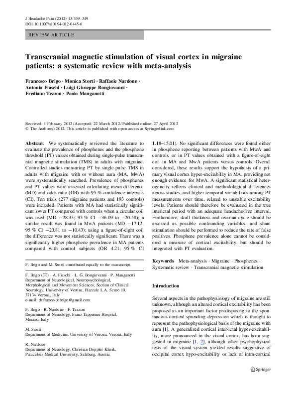 (PDF) Transcranial magnetic stimulation of visual cortex in migraine ...