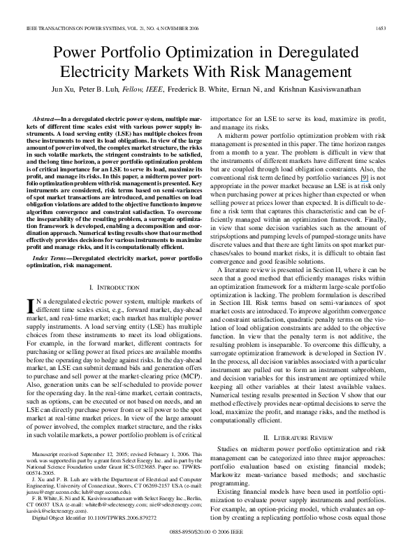 (PDF) Power Portfolio Optimization in Deregulated Electricity Markets ...