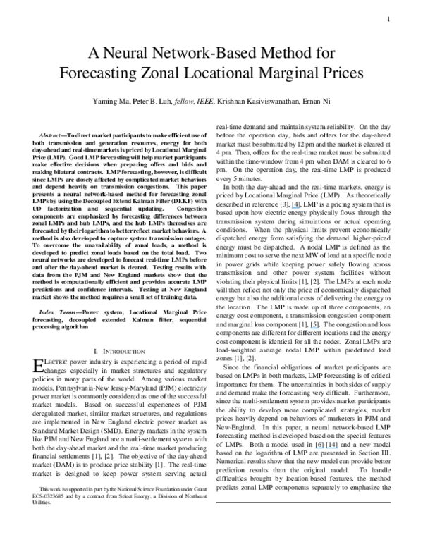 Pdf A Neural Network Based Method For Forecasting Zonal Locational