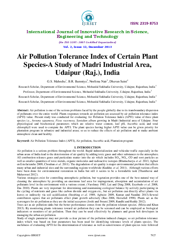 (PDF) Air Pollution Tolerance Index of Certain Plant Species-A Study of ...