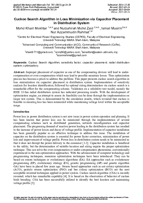 (PDF) Cuckoo Search Algorithm in Loss Minimization via Capacitor Placement in Distribution ...