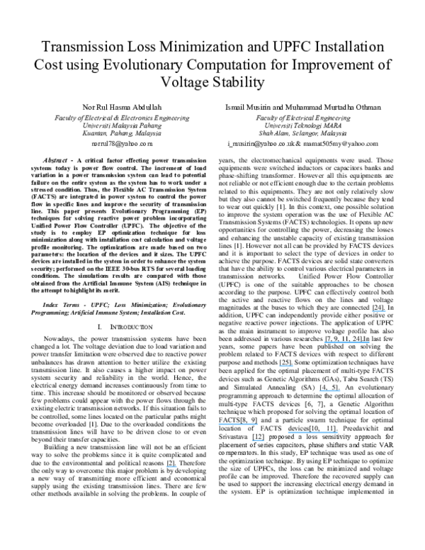 Pdf Transmission Loss Minimization And Upfc Installation Cost Using Evolutionary Computation