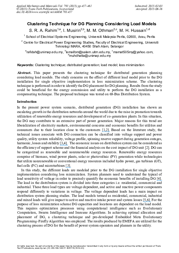(PDF) Clustering Technique for DG Planning Considering Load Models | Professor Dr. Ismail ...
