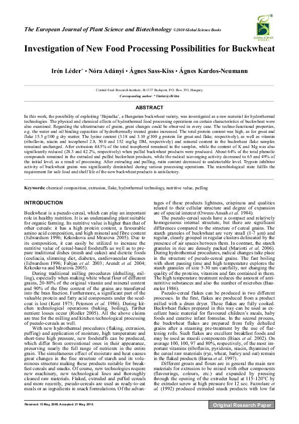 Investigation of New Food Processing Possibilities for Buckwheat
