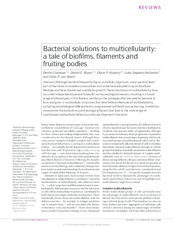 (PDF) Bacterial solutions to multicellularity: a tale of biofilms ...