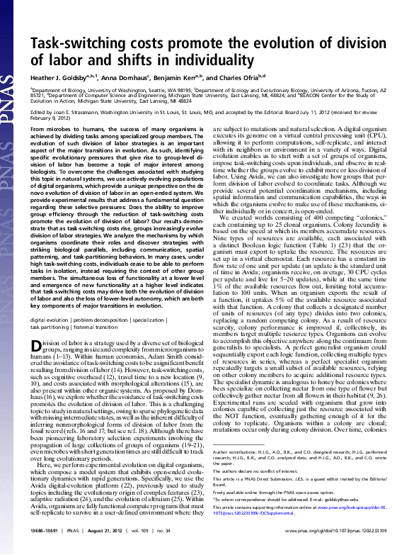 (PDF) Task-switching costs promote the evolution of division of labor ...