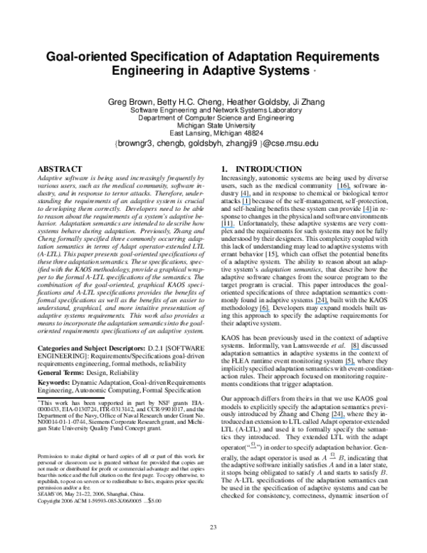 (PDF) Goal-oriented specification of adaptation requirements engineering in adaptive systems