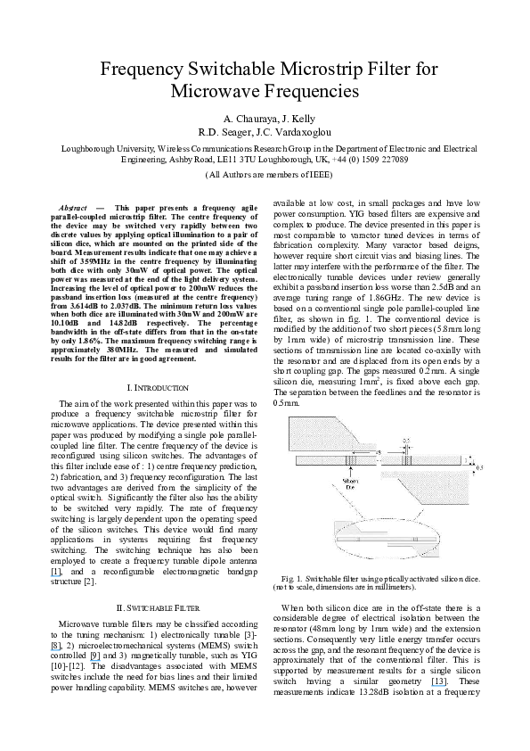 (PDF) Frequency switchable microstrip filter for microwave frequencies