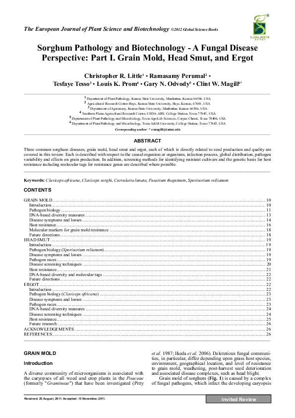 Sorghum Pathology and Biotechnology - A Fungal Disease Perspective: Part I. Grain Mold, Head ...