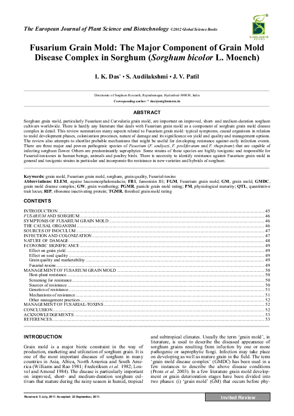 Fusarium Grain Mold: The Major Component of Grain Mold Disease Complex in Sorghum (Sorghum ...