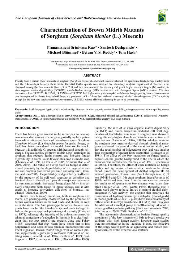 Characterization of Brown Midrib Mutants of Sorghum (Sorghum bicolor (L ...