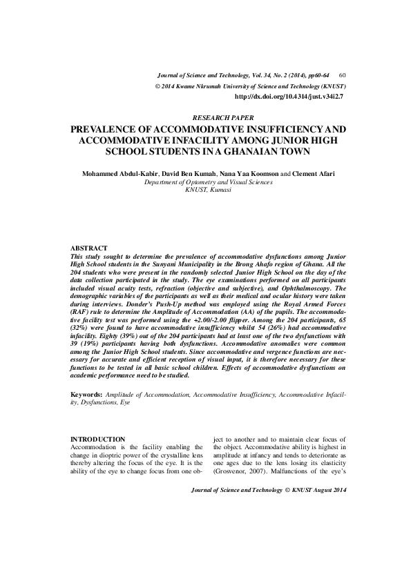 (PDF) Prevalence of accommodative insufficiency and accommodative infacility among junior high ...