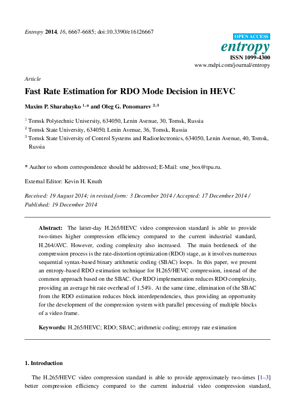 (PDF) Fast Rate Estimation for RDO Mode Decision in HEVC