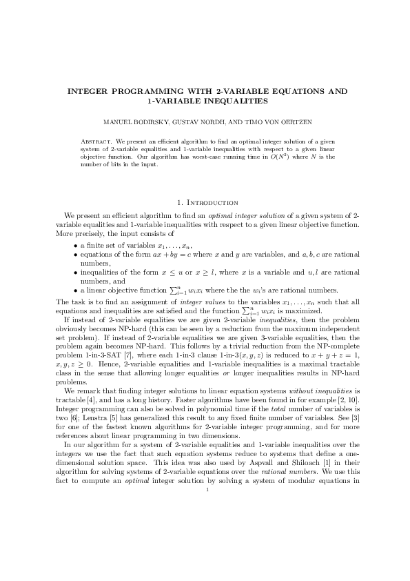 (PDF) Integer programming with 2-variable equations and 1-variable ...
