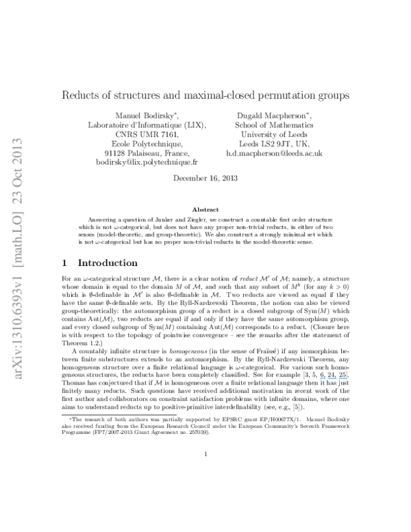 (PDF) Reducts of structures and maximal-closed permutation groups