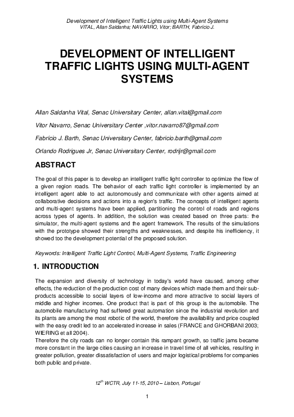 (PDF) DEVELOPMENT OF INTELLIGENT TRAFFIC LIGHTS USING MULTI-AGENT SYSTEMS