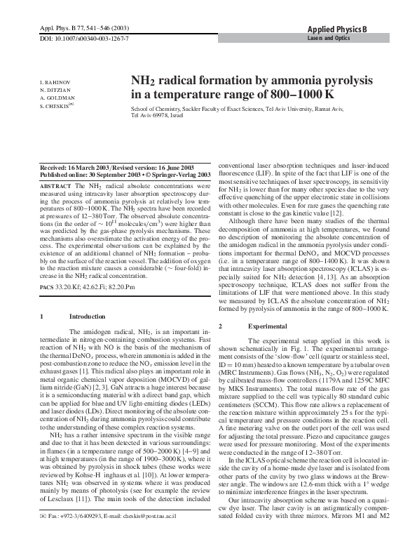 (PDF) NH2 radical formation by ammonia pyrolysis in a temperature range ...