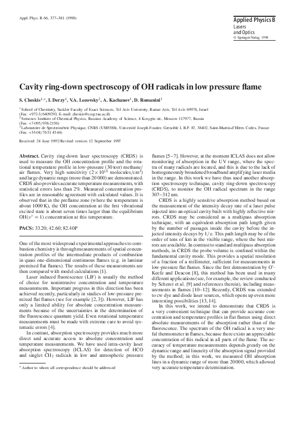 (PDF) Cavity ring-down spectroscopy of OH radicals in low pressure flame