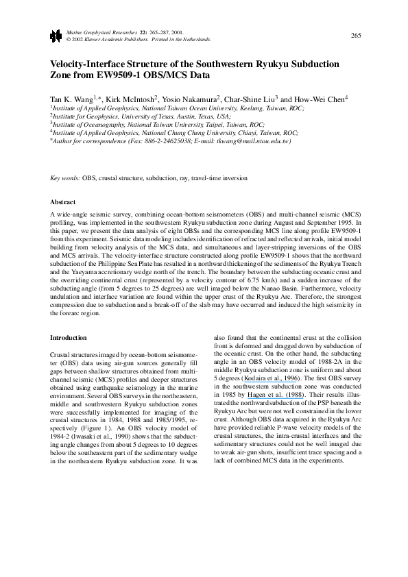 Pdf Velocity Interface Structure Of The Southwestern Ryukyu Subduction Zone From Ew9509 1 Obs